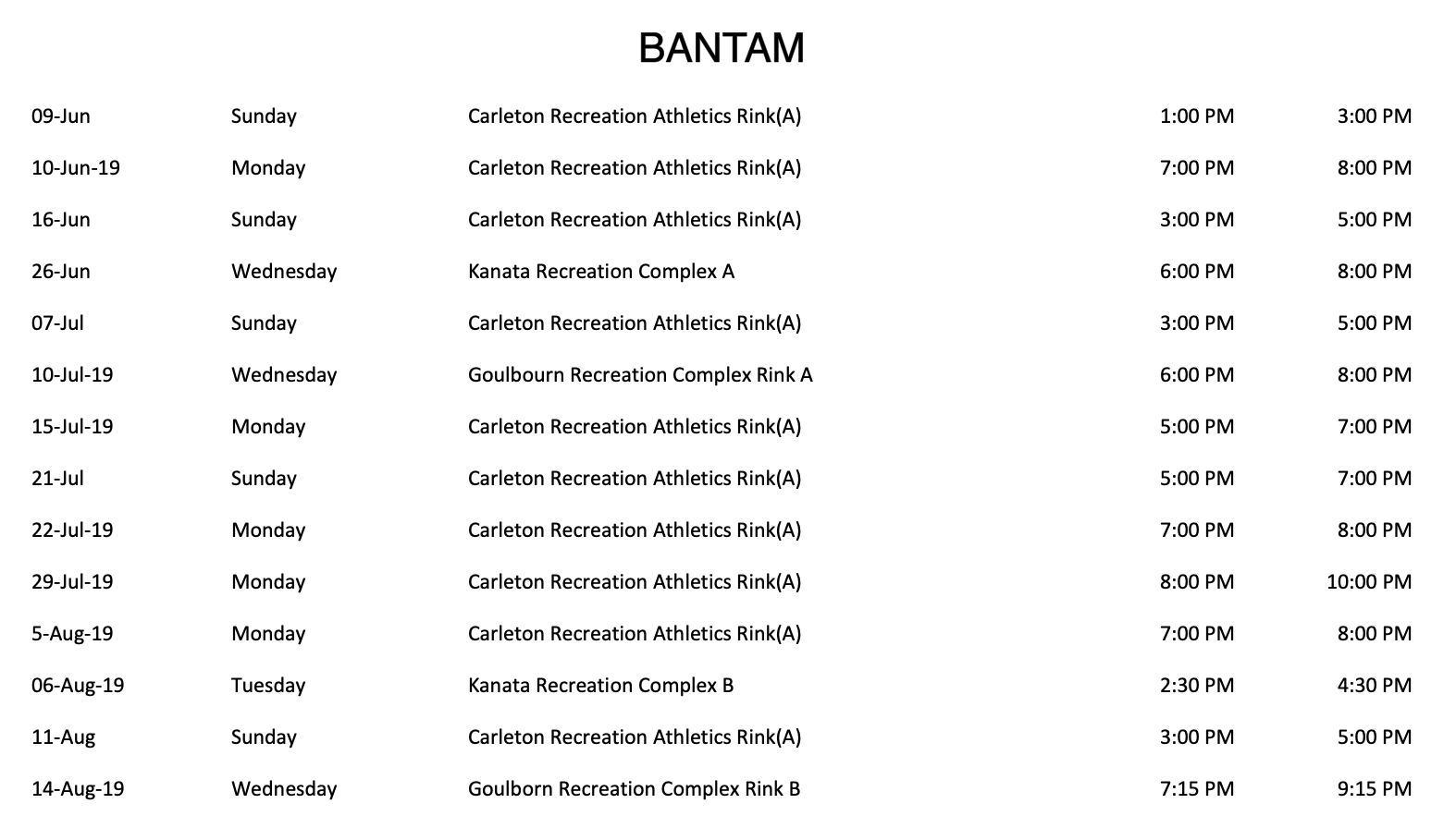 High Performance Athlete Program 2019 Schedule